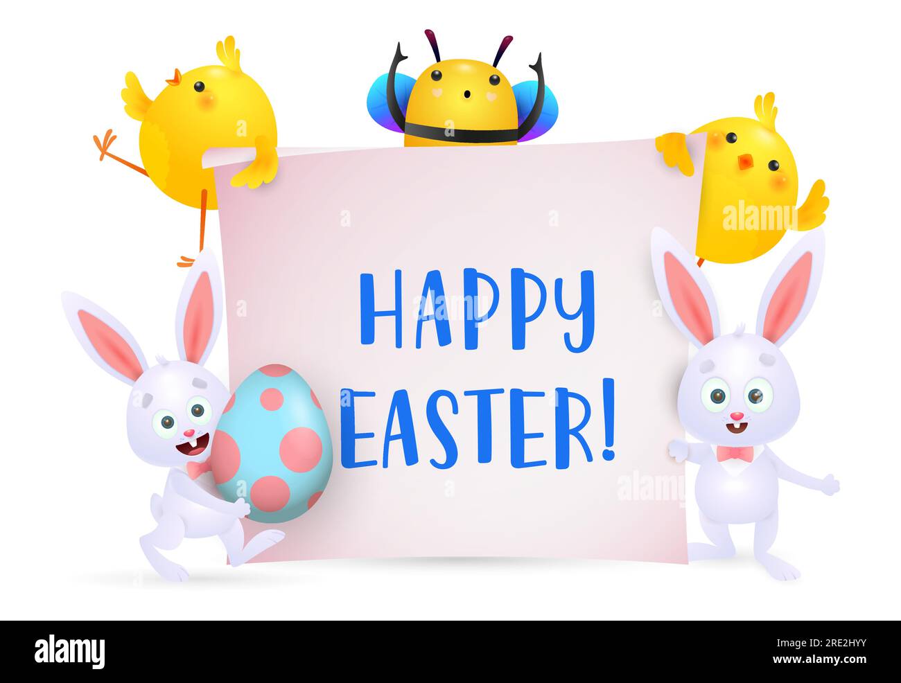 Happy Easter lettering with bee, chicks and bunnies characters Stock ...