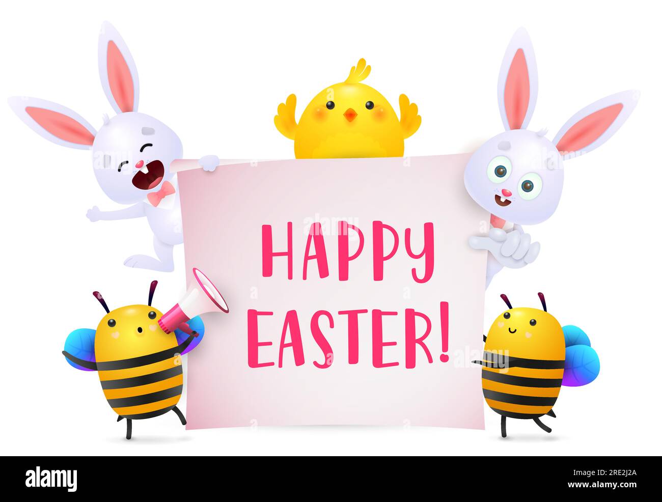 Happy Easter lettering with bunnies, chicken and bees characters Stock ...
