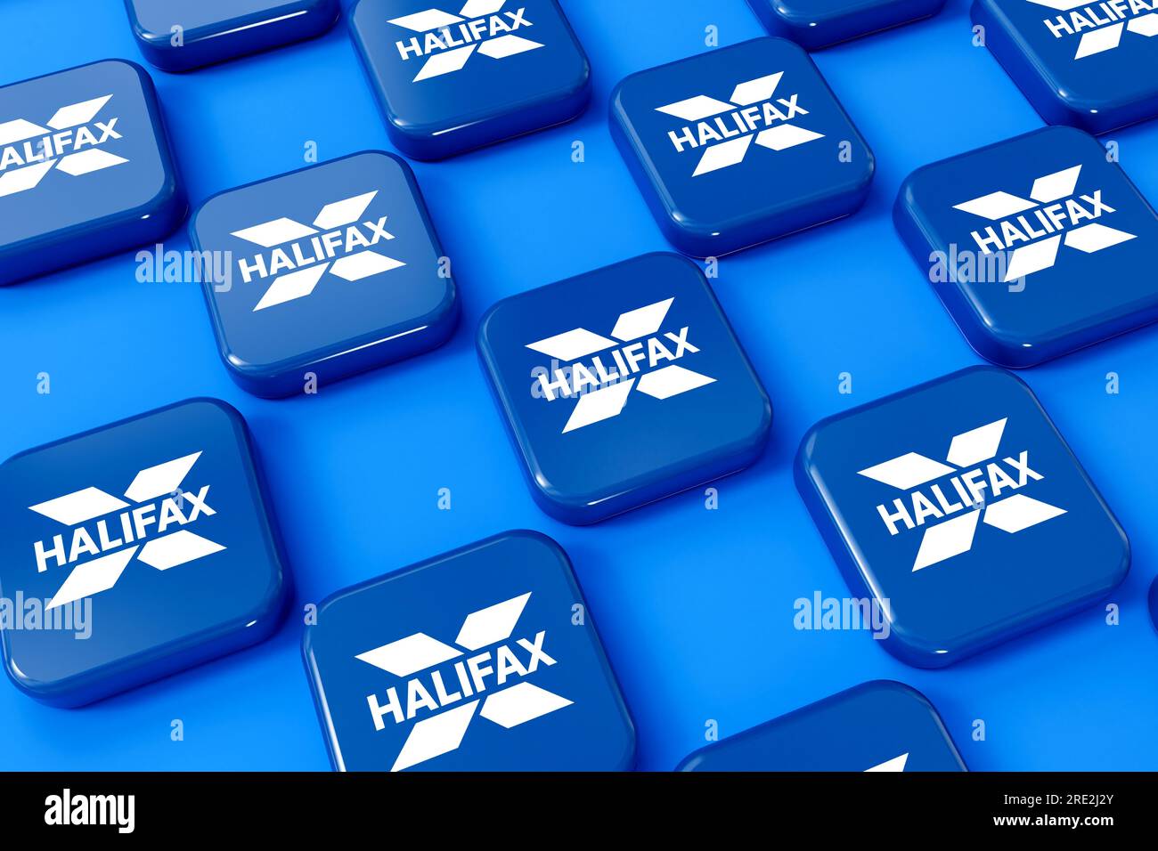 LONDON, UK - July 2023: Halifax bank blue and white company logo. 3D ...