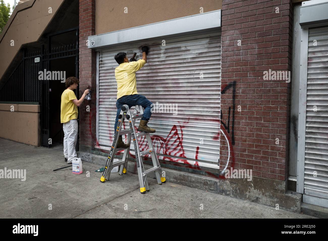 Seattle, USA. 13 Jul, 2023. Fresh graffiti in the Capitol Hill ...