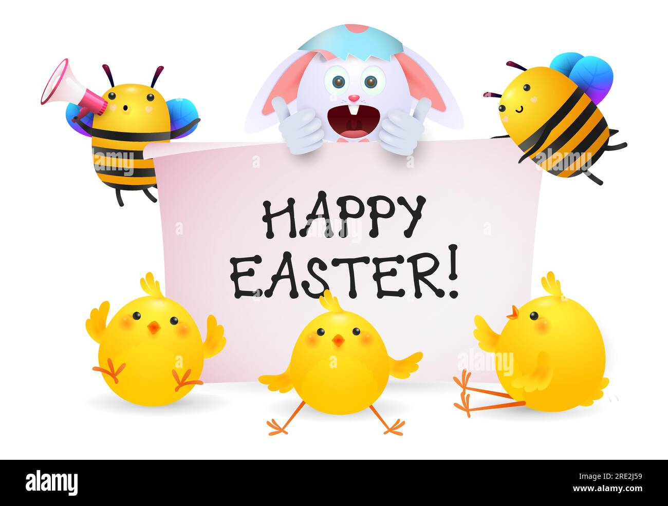 Happy Easter lettering with rabbit, bees and chicks characters Stock ...