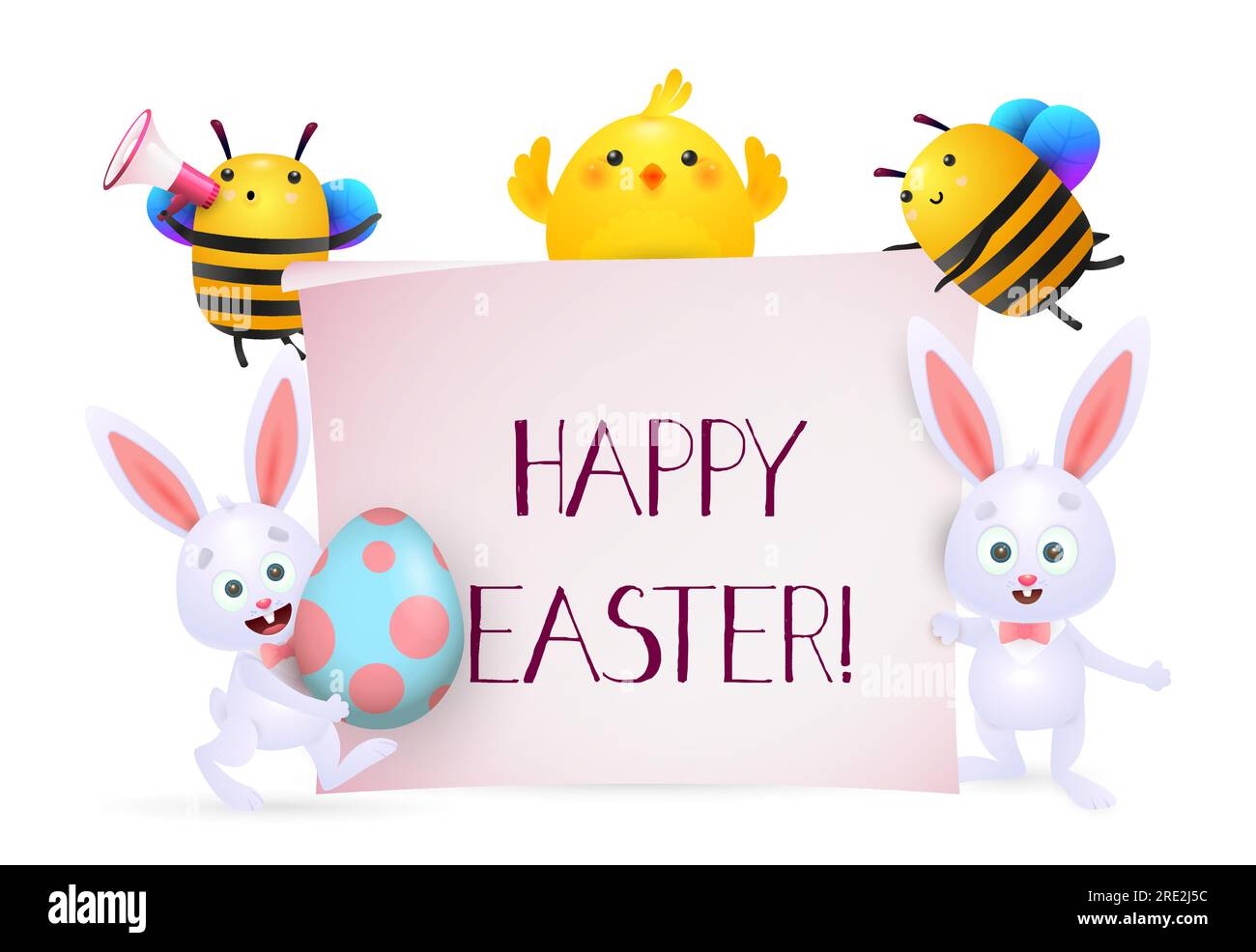 Happy Easter lettering with chick, bees and bunnies characters Stock ...