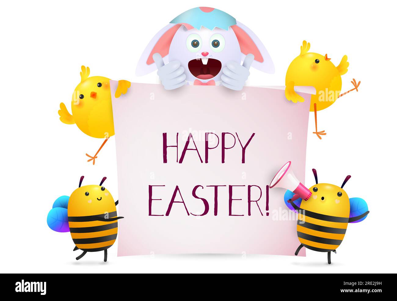 Happy Easter lettering with bunny, chicks and bees characters Stock ...
