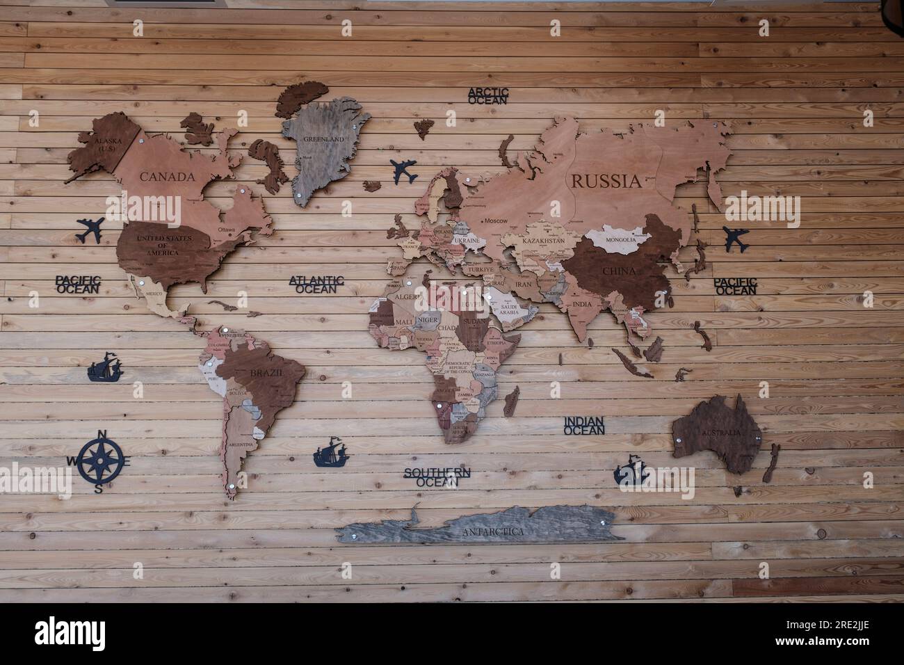 Kazakhstan, Almaty. World Map in La Skala Restaurant, Shymbulak ...