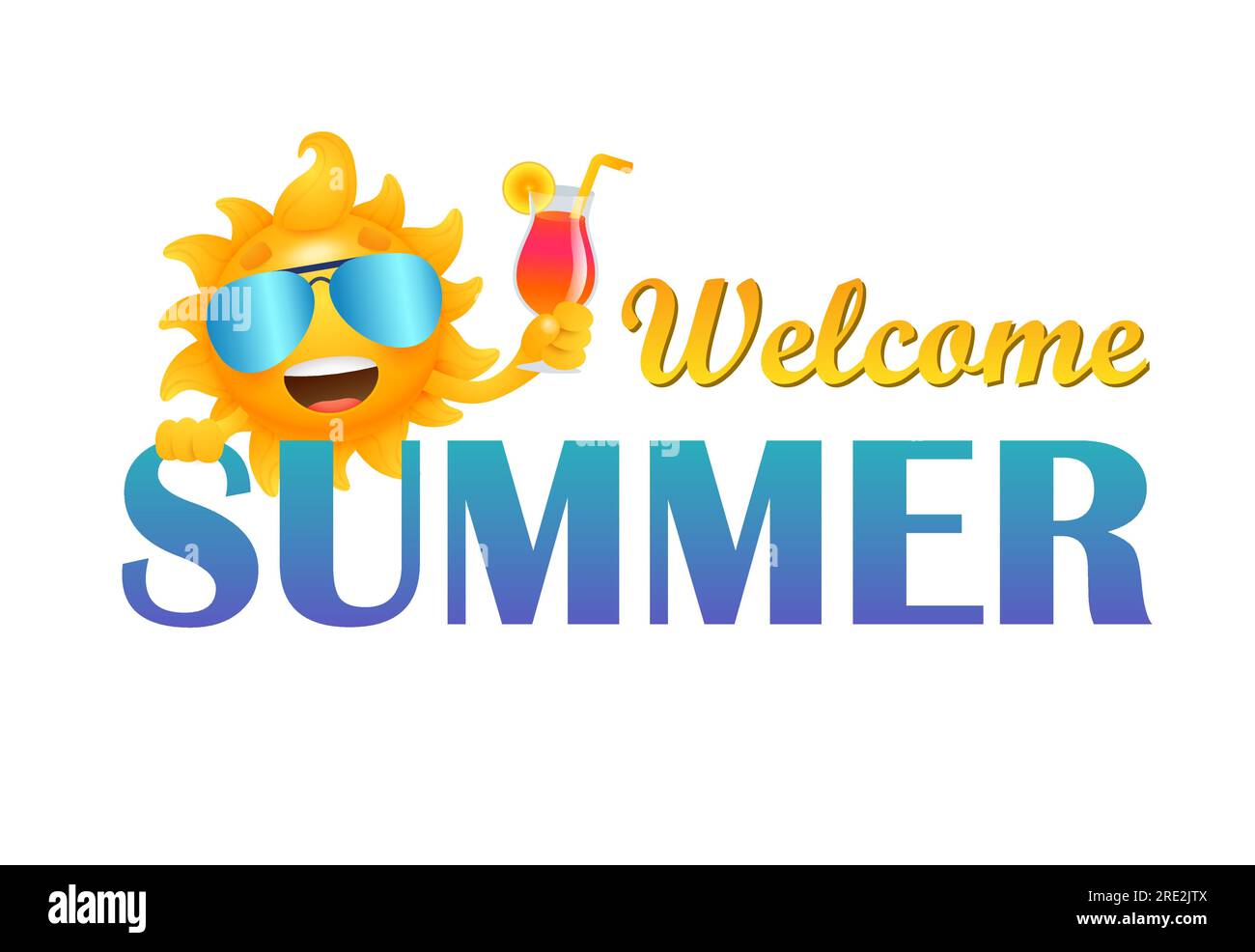 Welcome summer lettering with sun character holding cocktail Stock ...