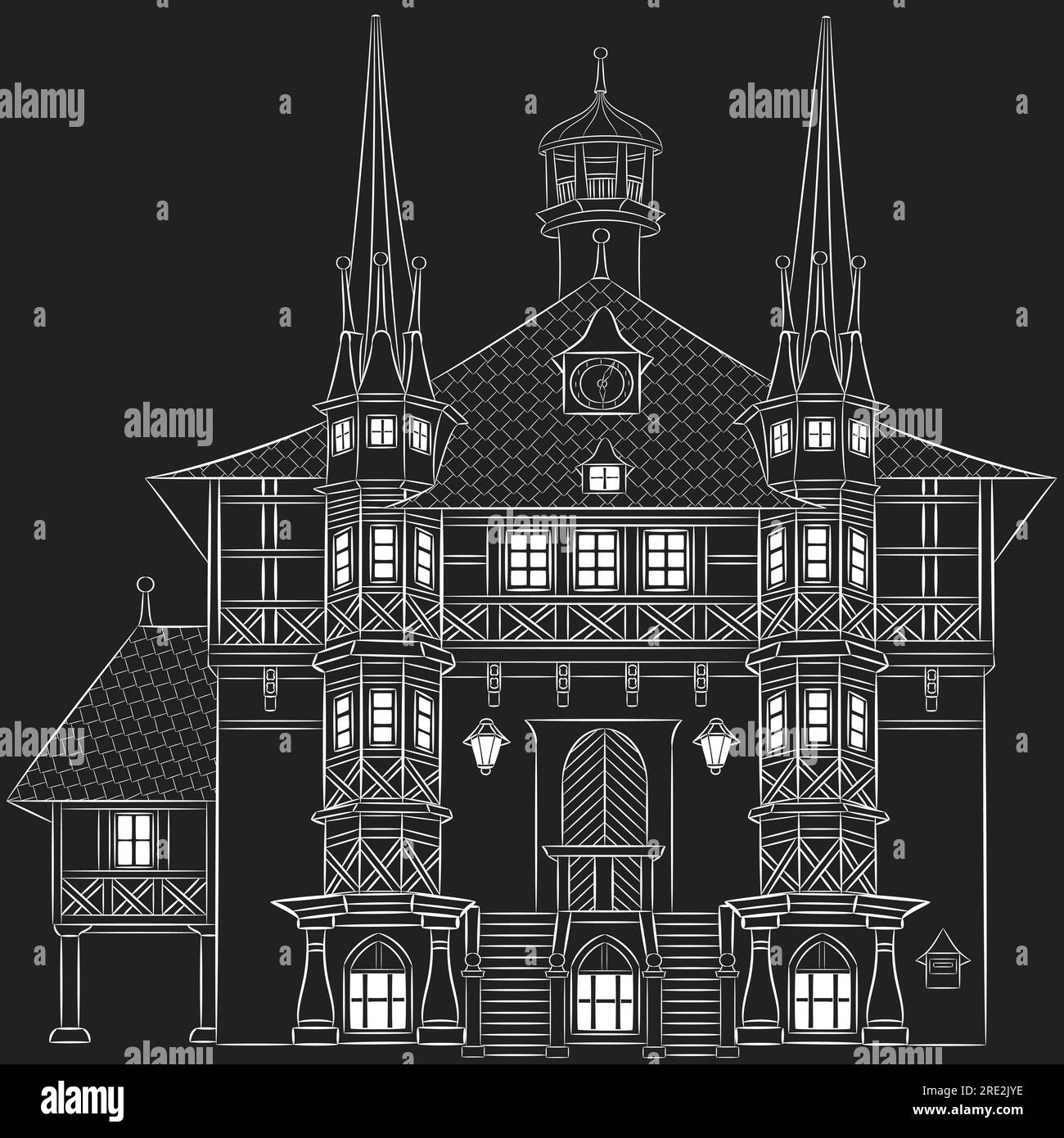 Half-timbered medieval town hall with a clock in Wernigerode on a black ...