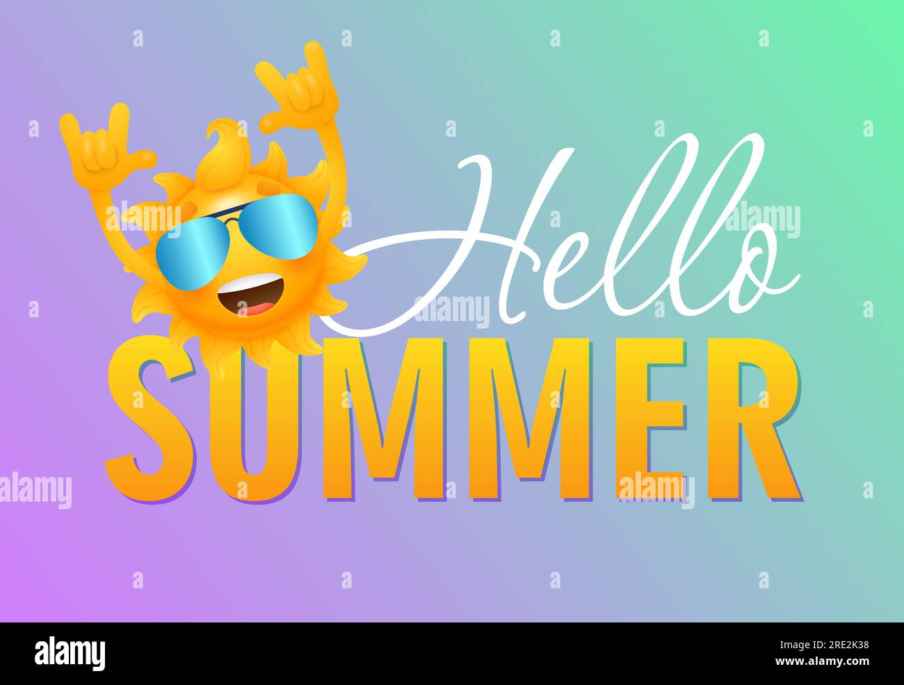 Hello summer lettering with cheerful sun cartoon character Stock Vector ...