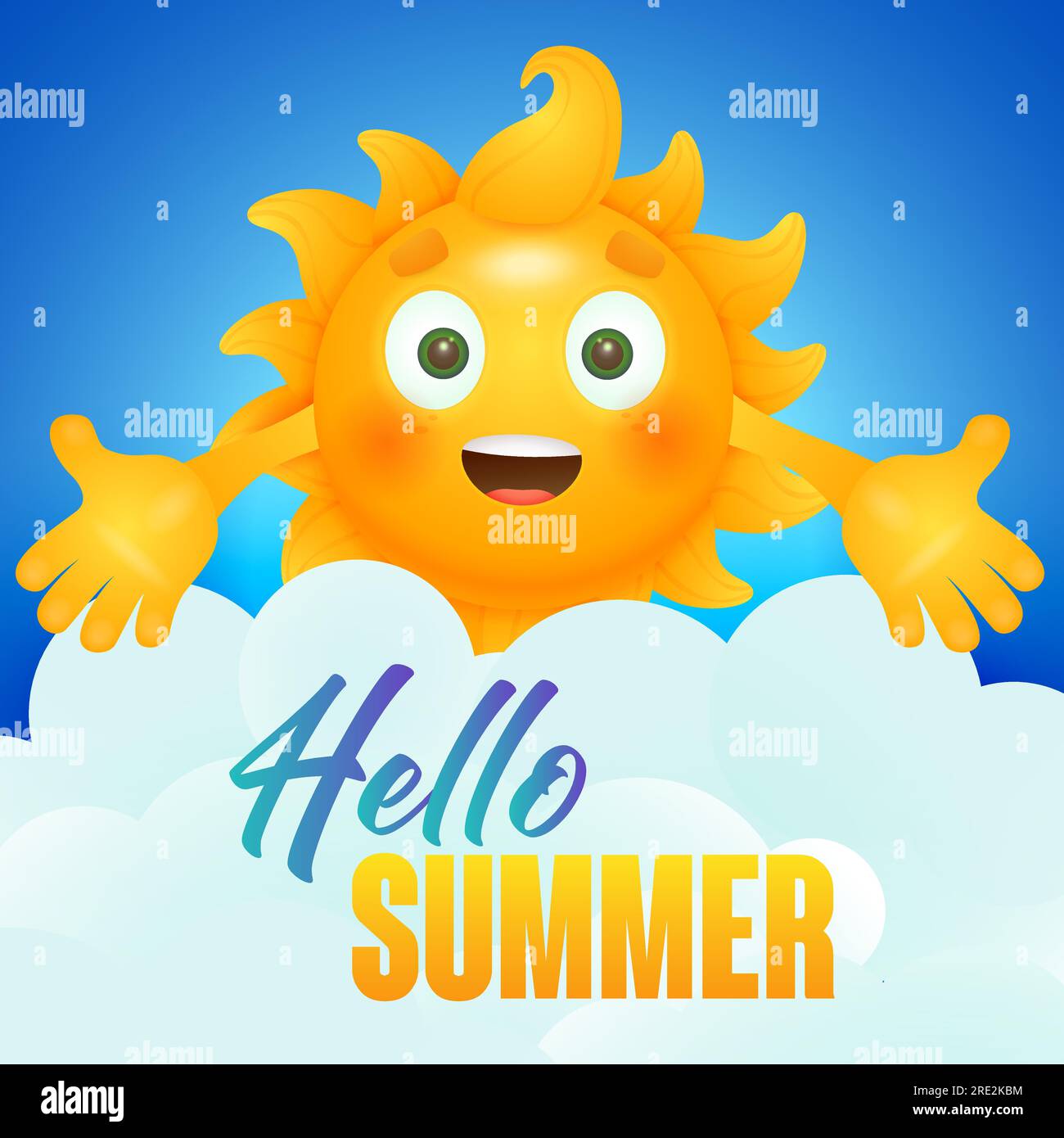 Hello summer lettering and smiling sun cartoon character Stock Vector ...