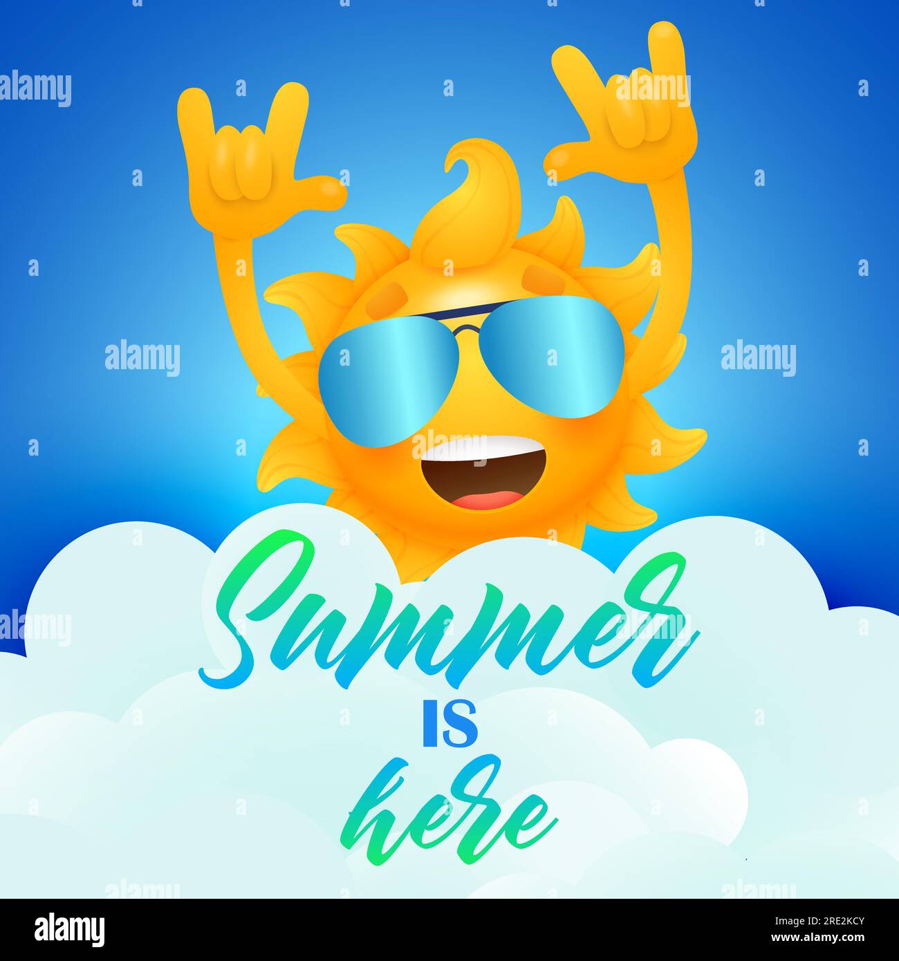 Summer is here lettering and cheerful sun cartoon character Stock ...