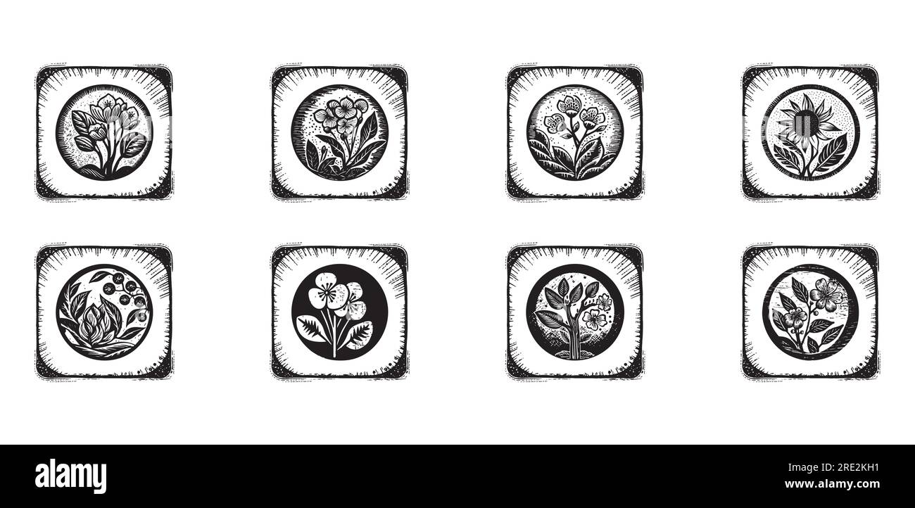 Nordic linocut floral in rustic frame motif for quirky logo set. Hand ...