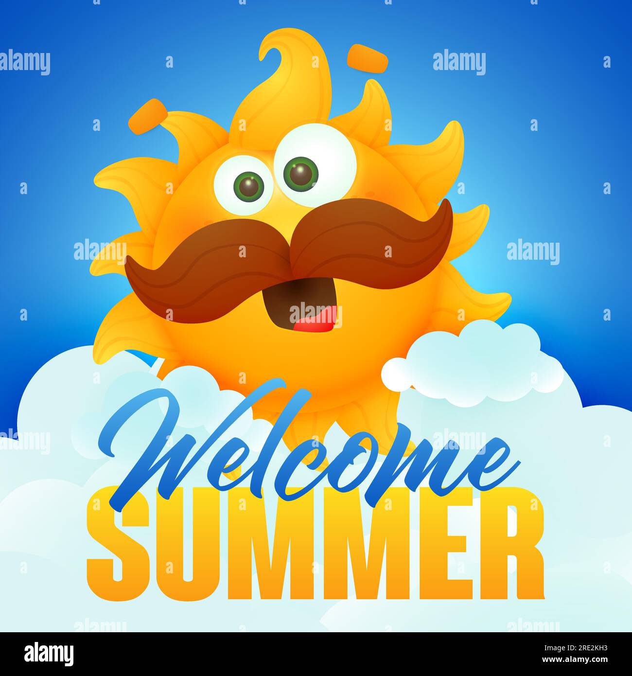 Welcome summer lettering, sun cartoon character with moustache Stock ...