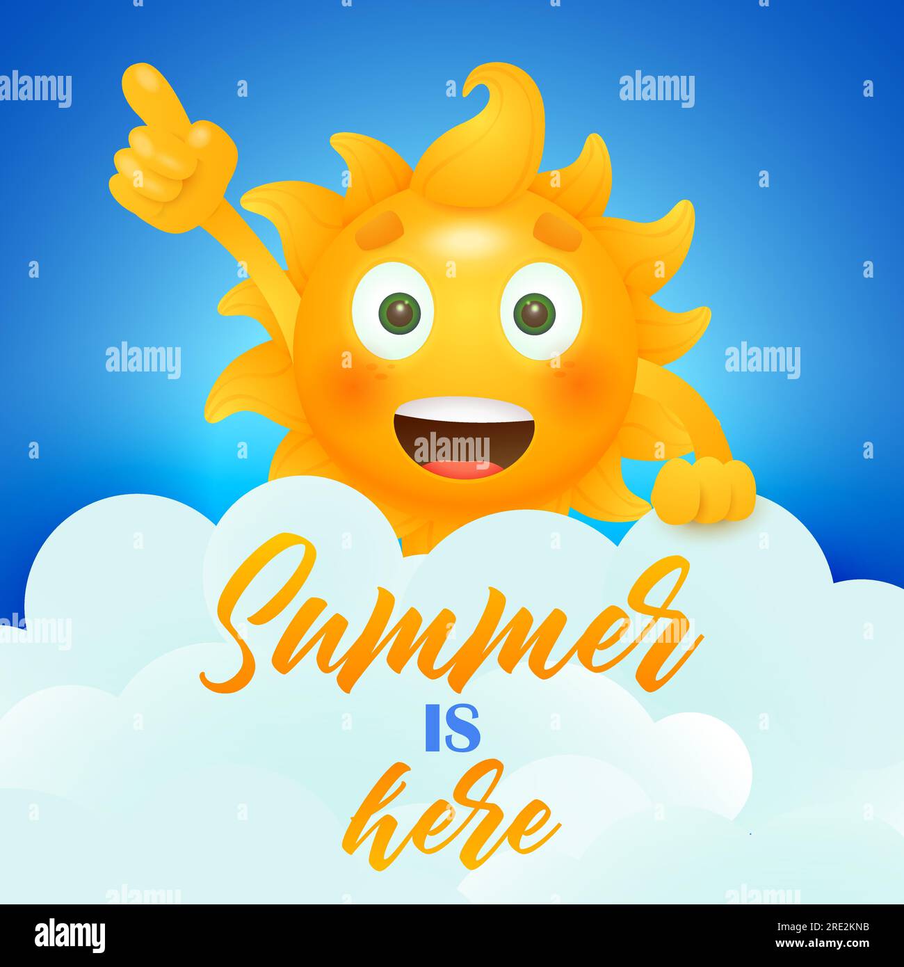 Summer is here lettering with cheerful sun cartoon character Stock ...