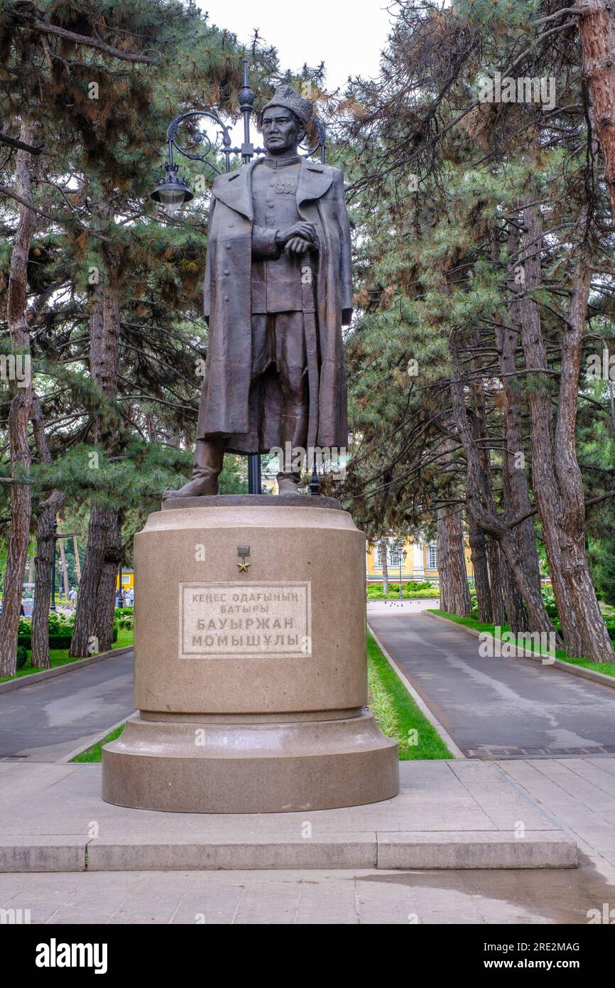 Kazakhstan, Almaty. Entrance to Panfilov Guardsmen Park. Statue of National World War II Hero ...