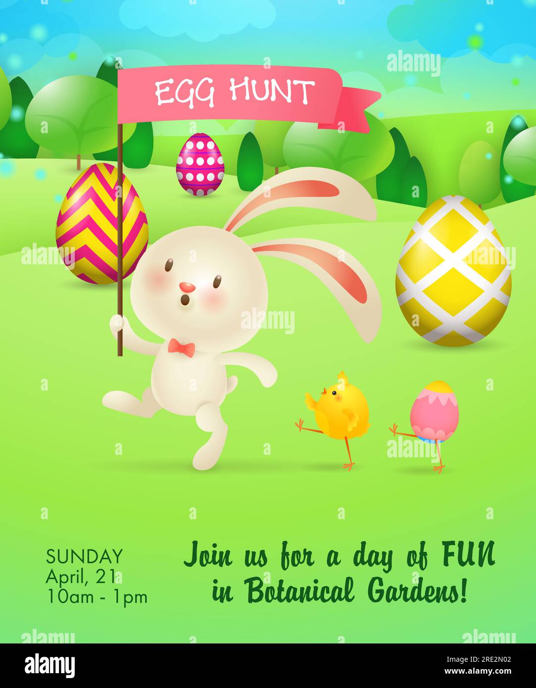 Egg Hunt lettering on flag held by rabbit walking in meadow Stock ...