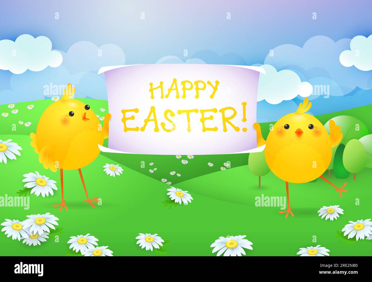 Happy Easter lettering on banner held by two chicks Stock Vector Image ...