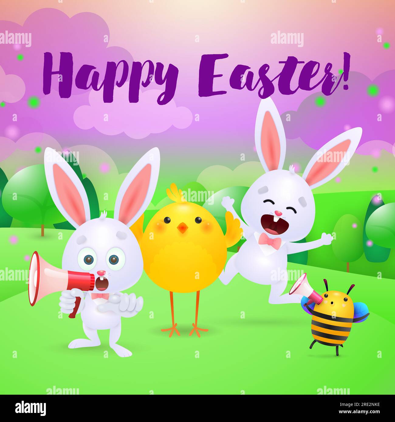 Happy Easter lettering with chick, bunnies and bee Stock Vector Image ...