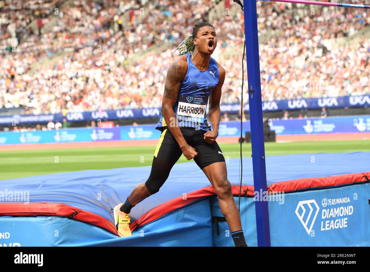 JuVaughn Harrison (USA) celebrates after winning the high jump at 7-8½ ...