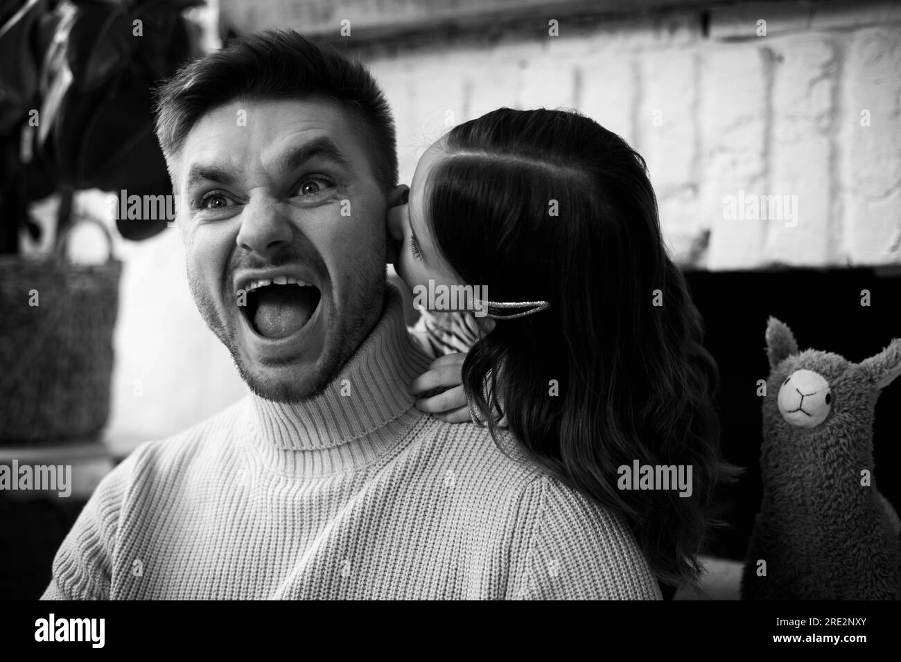 Happy Father's Day. Black and white photo of young single dad with ...
