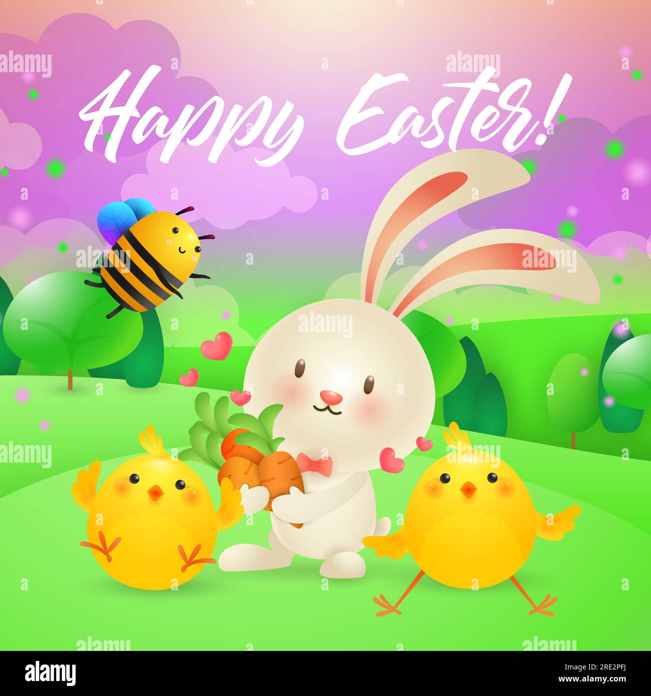 Happy Easter lettering with chick, bunny and bee Stock Vector Image ...