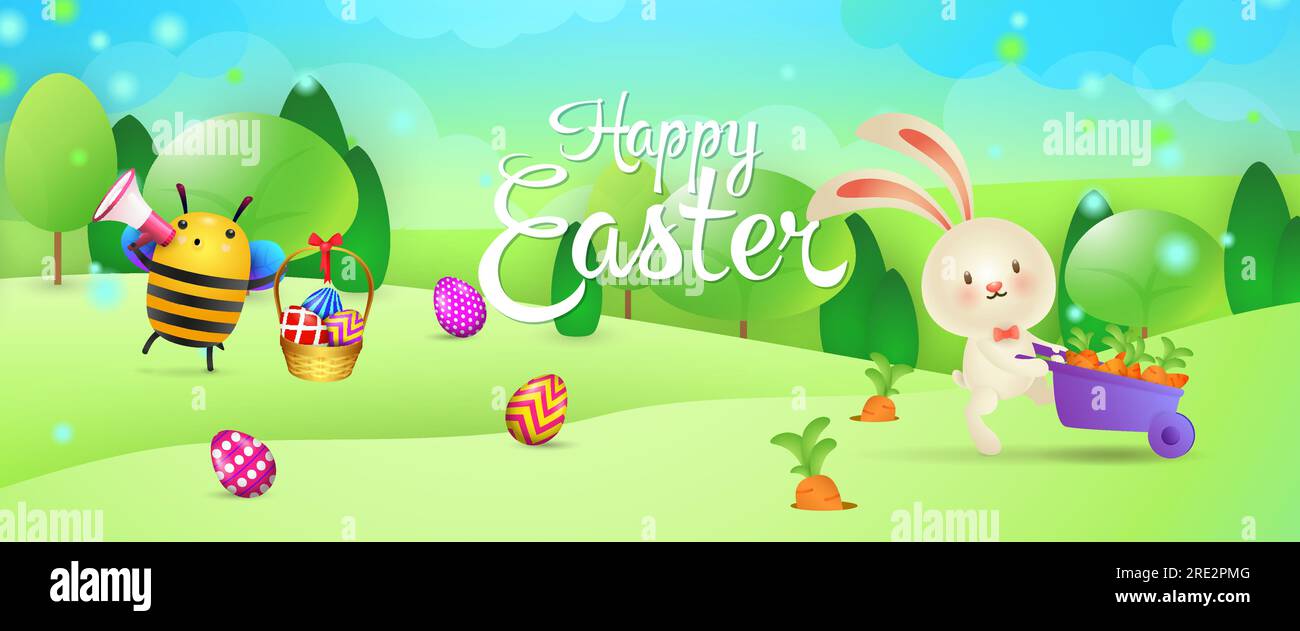 Happy Easter festive banner design. Cute cartoon bunny Stock Vector ...