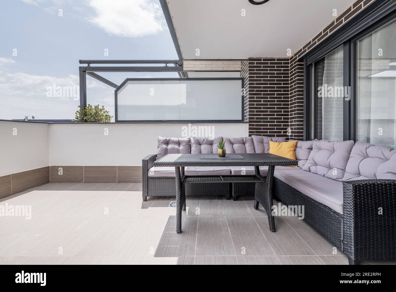 solarium terrace of a house with wooden floors gray terrazzo, synthetic ...