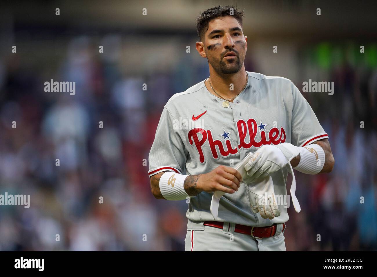 Philadelphia Phillies right fielder Nick Castellanos (8) reacts after a ...