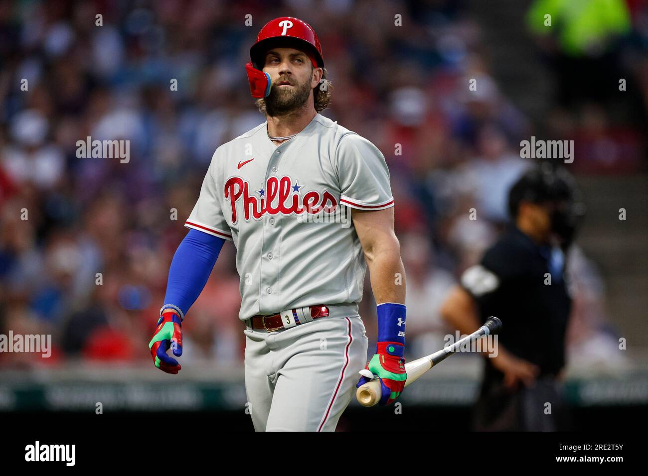 Philadelphia Phillies designated hitter Bryce Harper (3) reacts after a ...