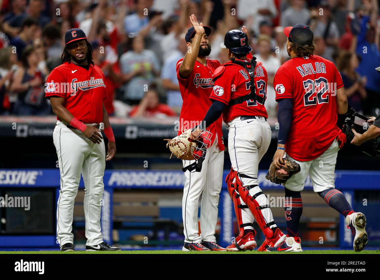 Cleveland Guardians catcher Bo Naylor (23) celebrates a victory with ...