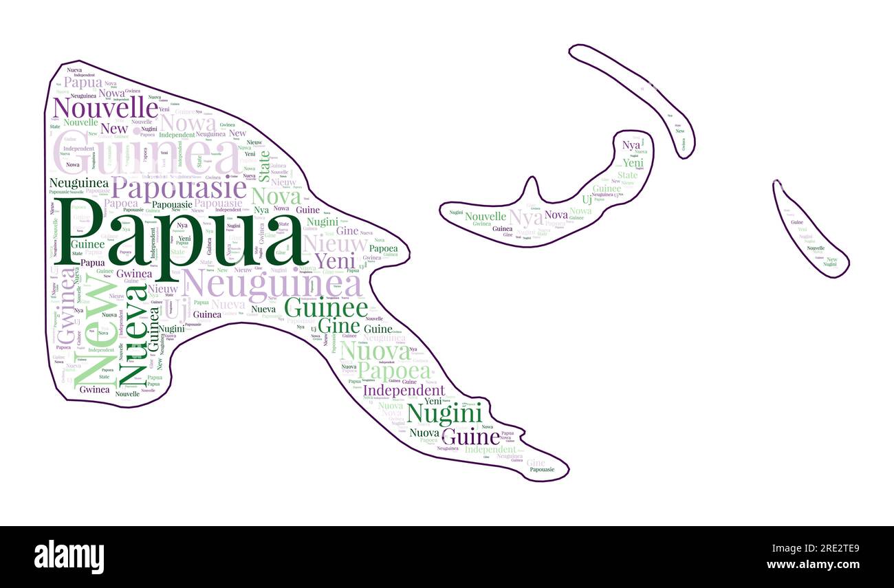 Papua New Guinea shape filled with country name in many languages ...