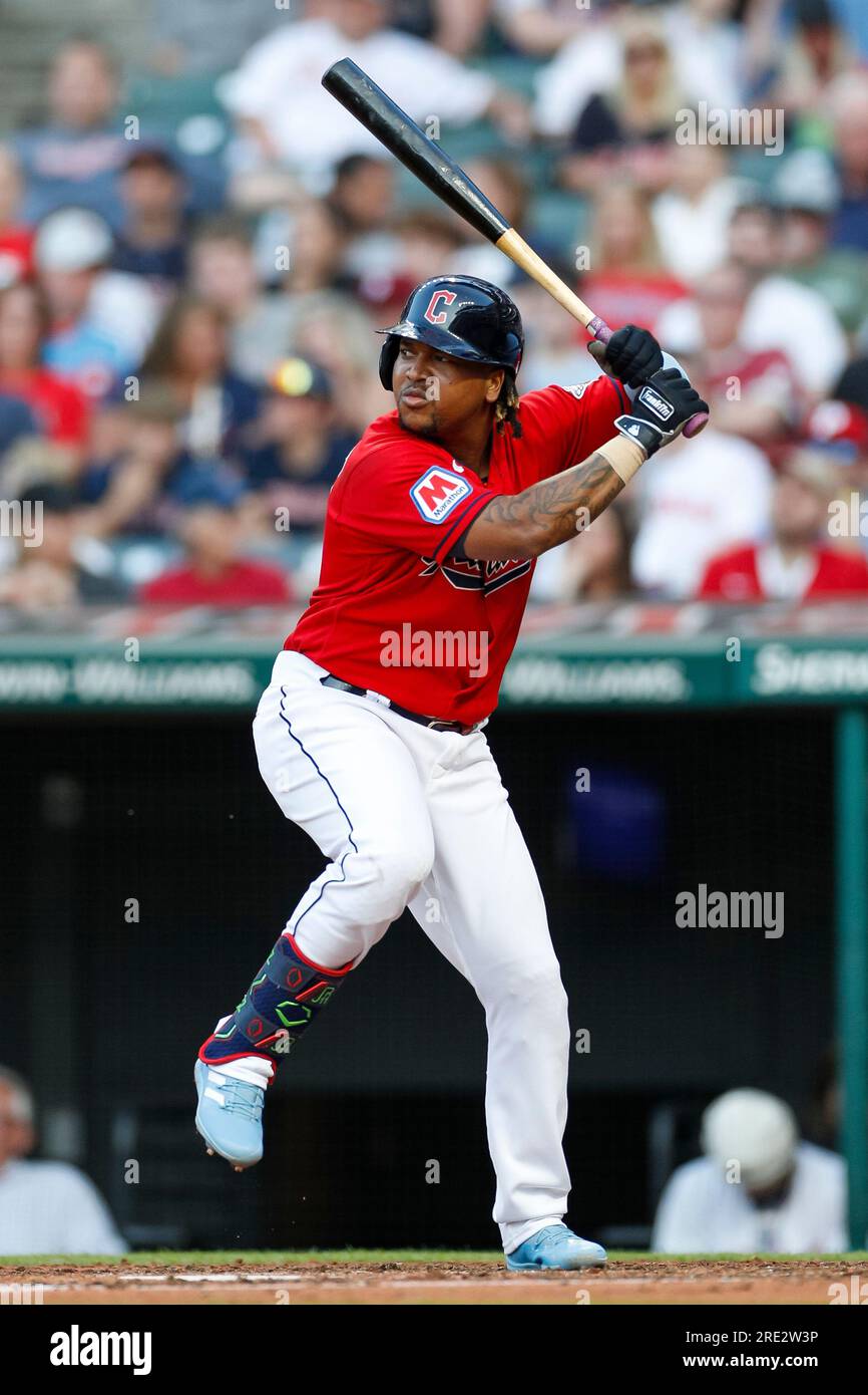 Cleveland Guardians third baseman Jose Ramirez (11) waits for the pitch ...