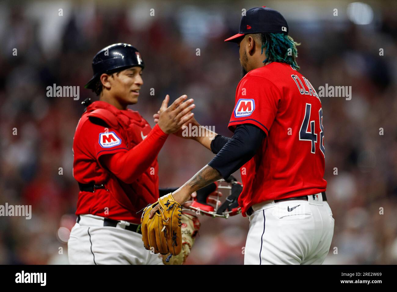 Cleveland Guardians relief pitcher Emmanuel Clase (48) celebrates with ...
