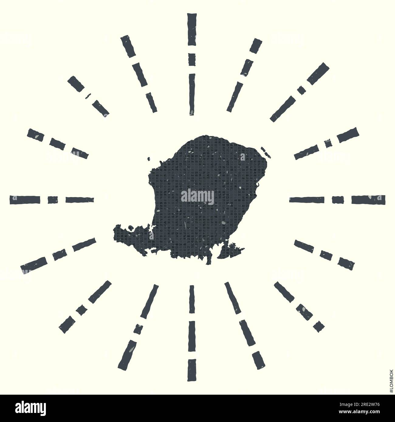 Lombok Logo. Grunge sunburst poster with map of the island. Shape of ...