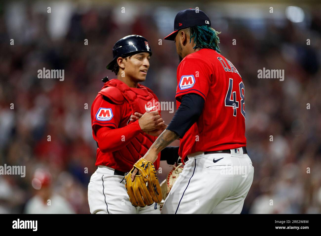 Cleveland Guardians relief pitcher Emmanuel Clase (48) celebrates with ...