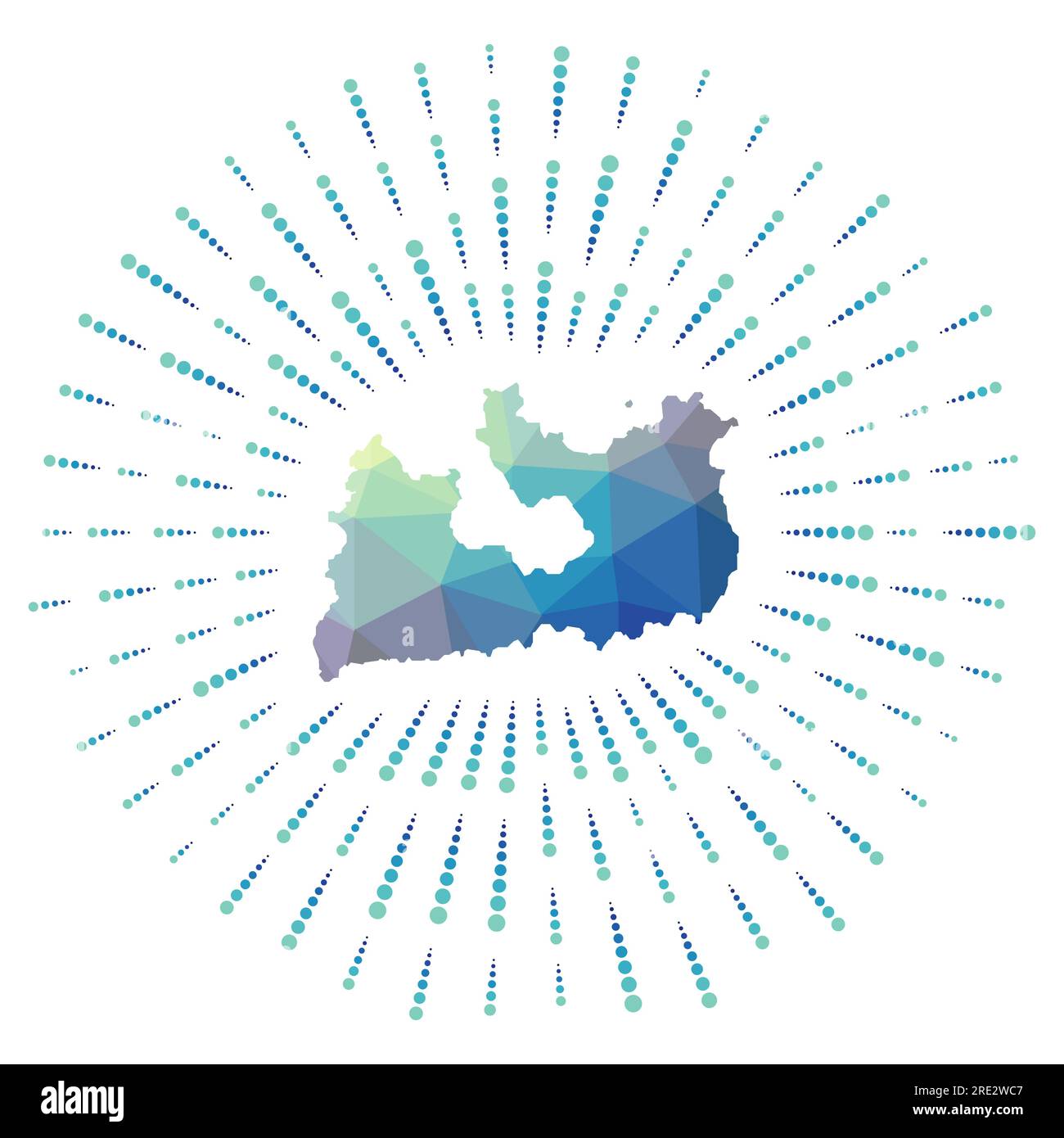 Shape of Milos, polygonal sunburst. Map of the island with colorful ...