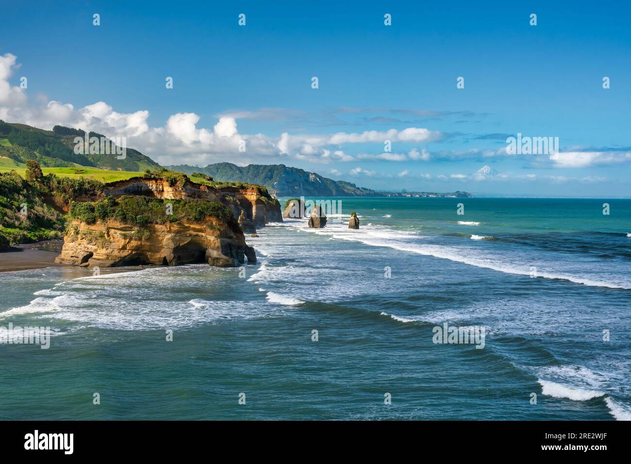 The rock formations known as The three sisters at Tongaporutu beach at ...
