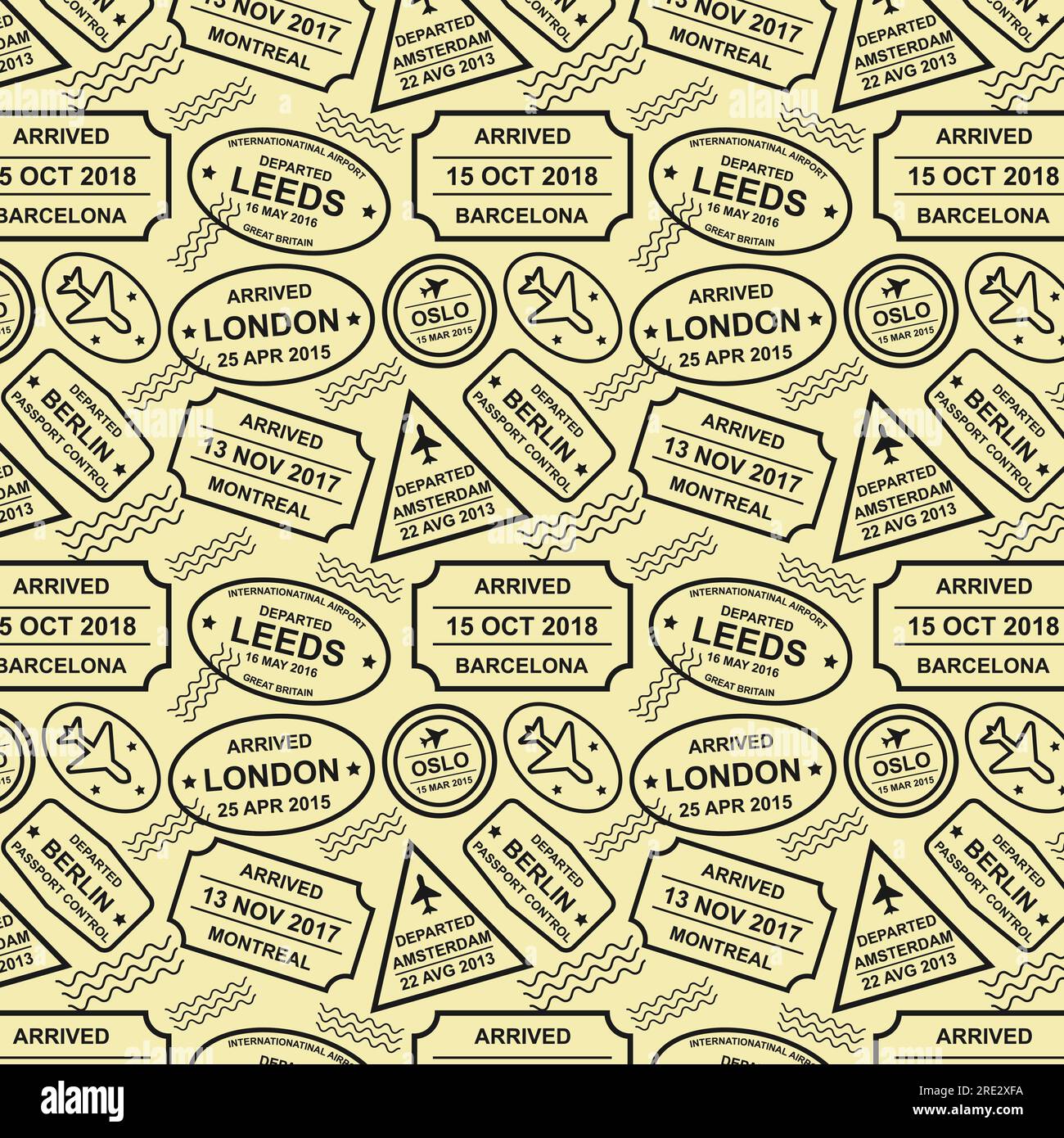 Monochrome Pattern. Stamps Of Different Countries. Travel Background ...