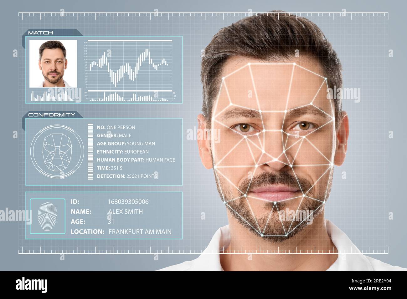 Facial Recognition System Man With Digital Biometric Grid And Personal