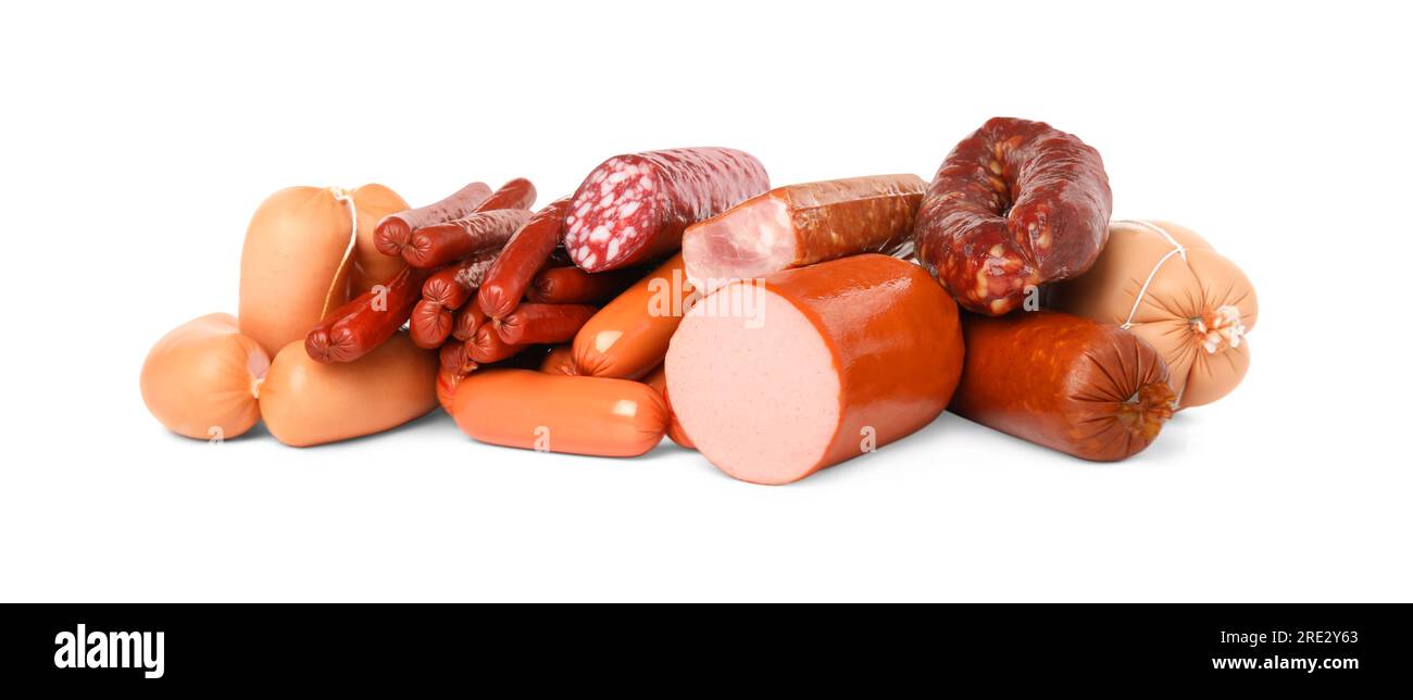 Different types of sausages isolated on white Stock Photo - Alamy