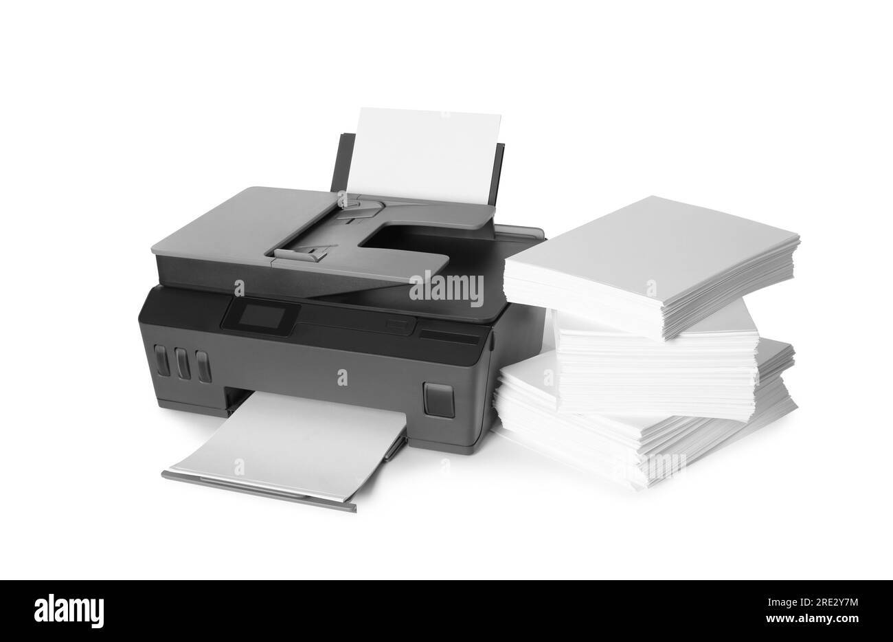 Modern printer and stack of paper on white background Stock Photo - Alamy