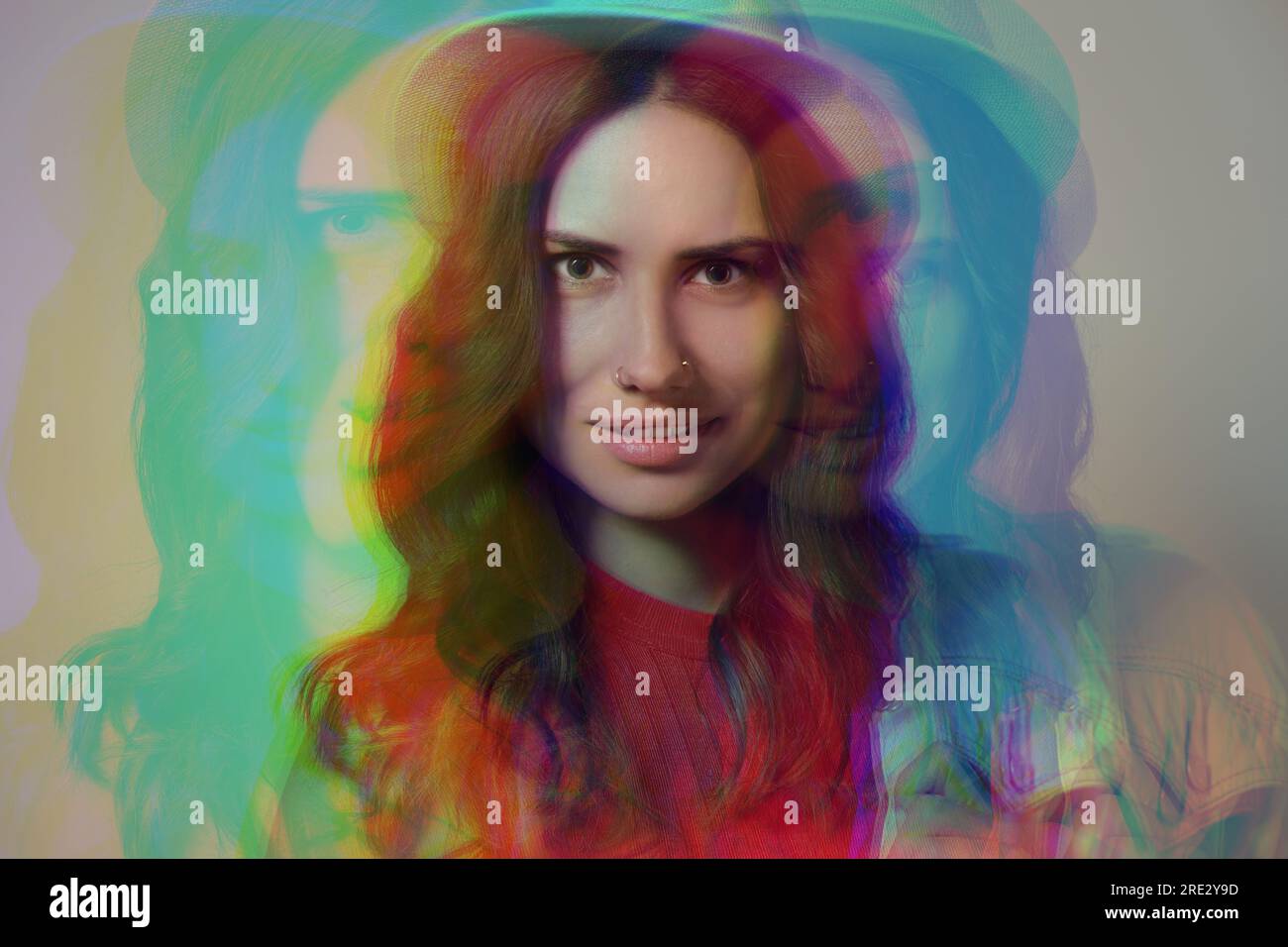 Psychedelic hallucinations. Woman in altered state of mind on beige ...