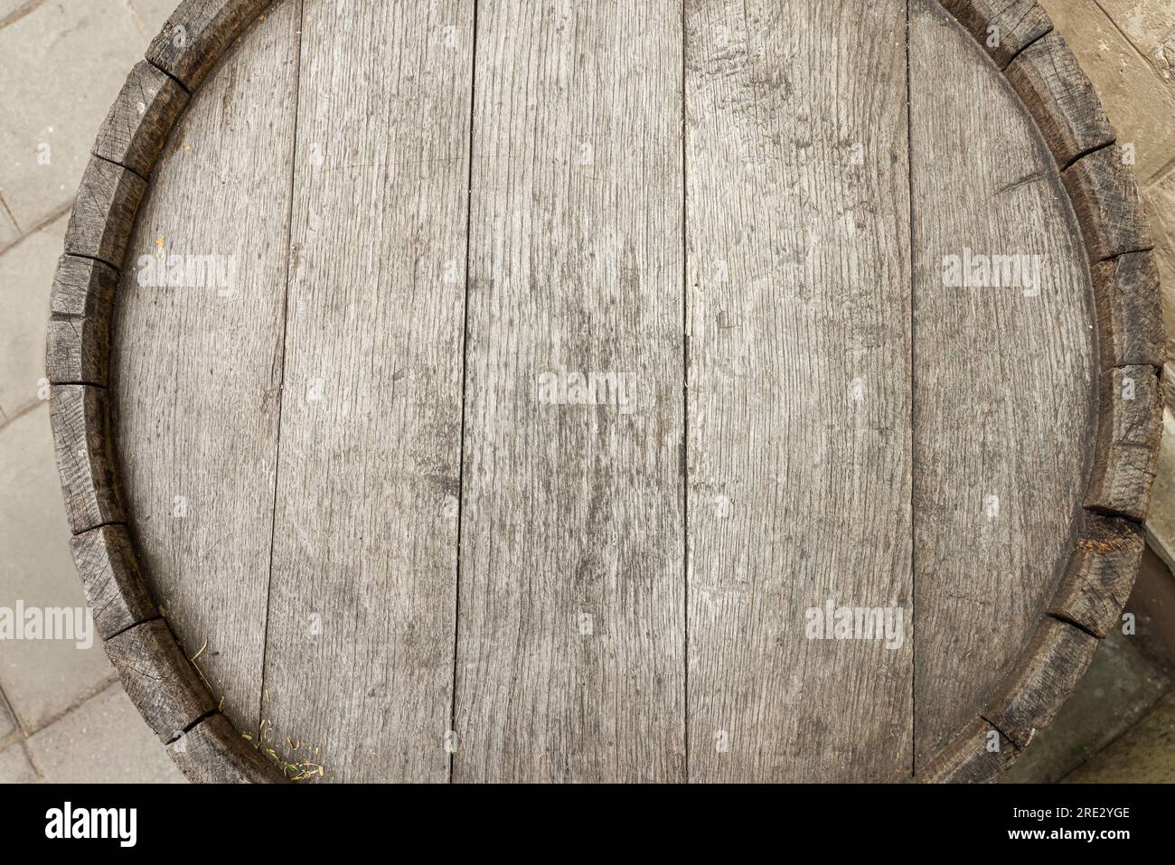 Traditional wooden barrel outdoors, top view. Wine making Stock Photo ...