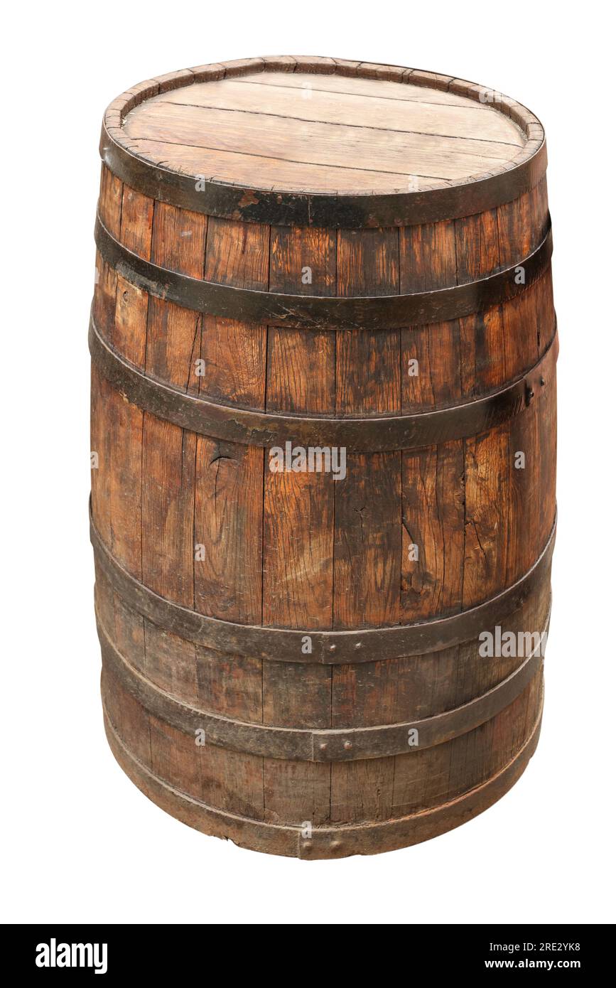 One wooden barrel with metal hoops isolated on white Stock Photo - Alamy