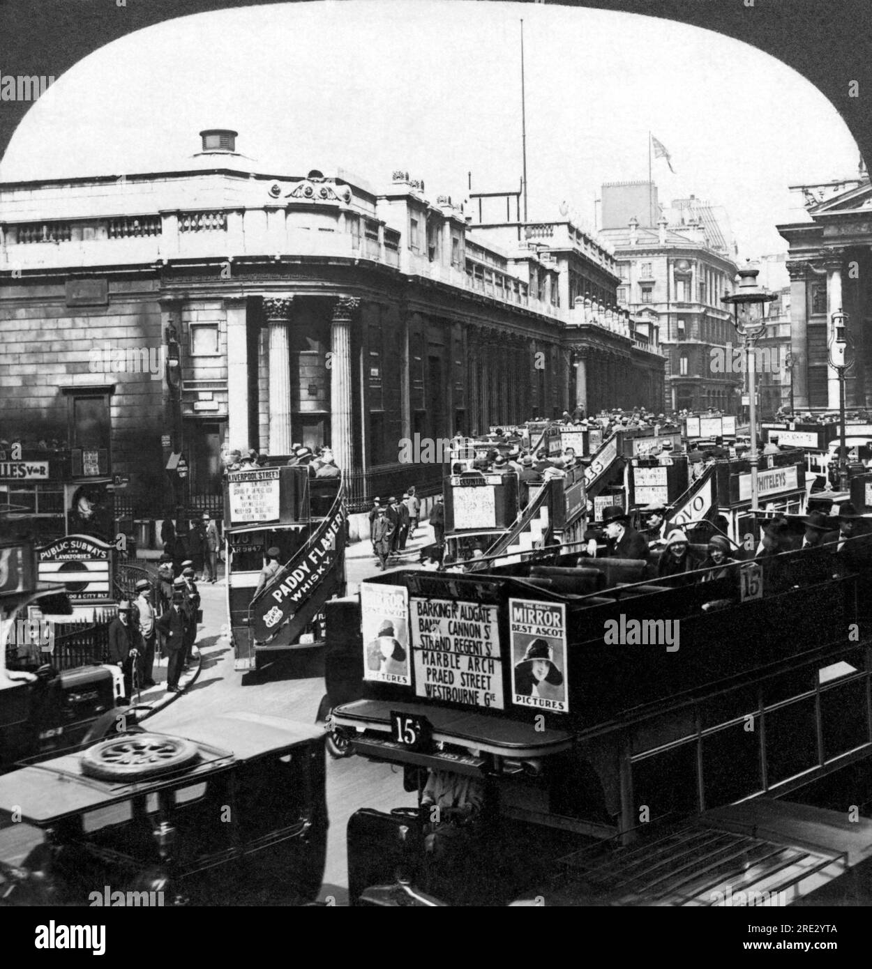 London, England: c. 1920 A stereocard view looking up Threadneedle ...