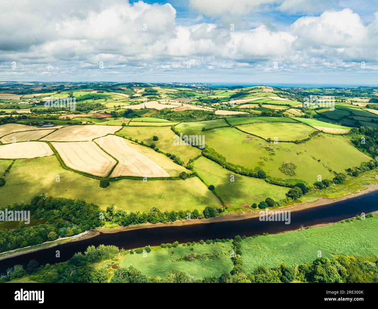 Sharpham Meadows and Marsh over River Dart from a drone, Totnes, Devon ...
