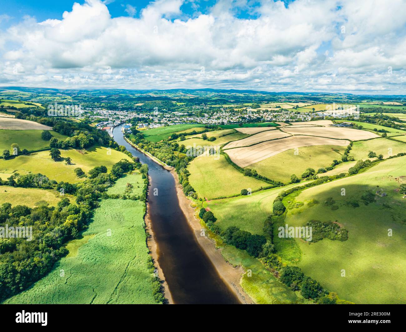 Sharpham Meadows and Marsh over River Dart from a drone, Totnes, Devon ...