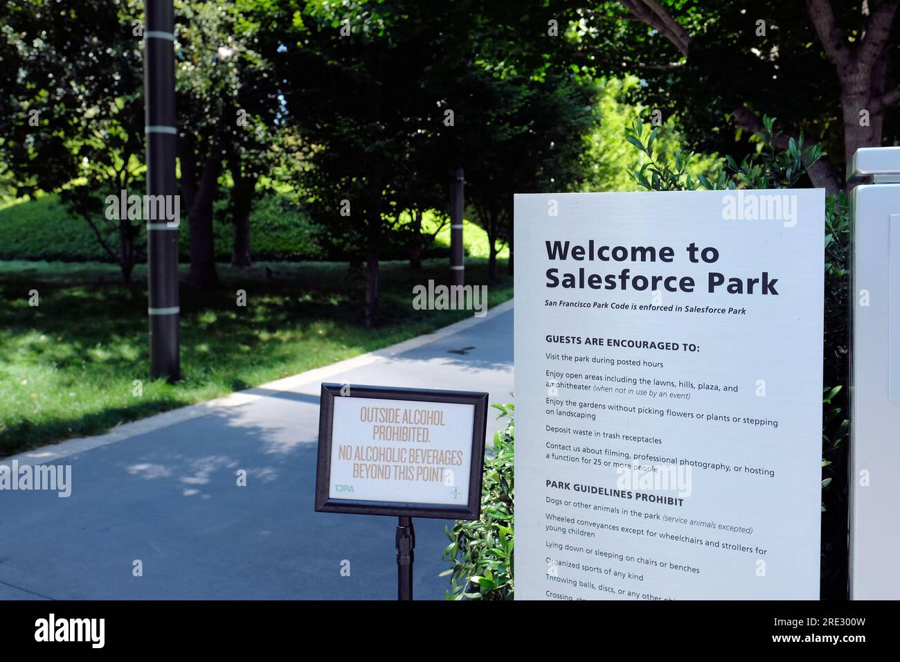 Salesforce Park sign with rules and regulations; the rooftop garden is ...