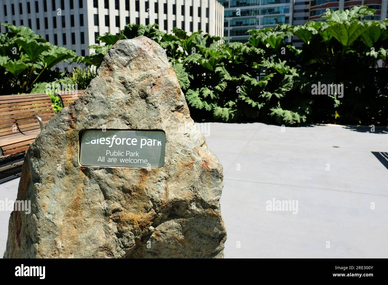 Salesforce Park sign embedded into boulder stating Public Park All Are ...