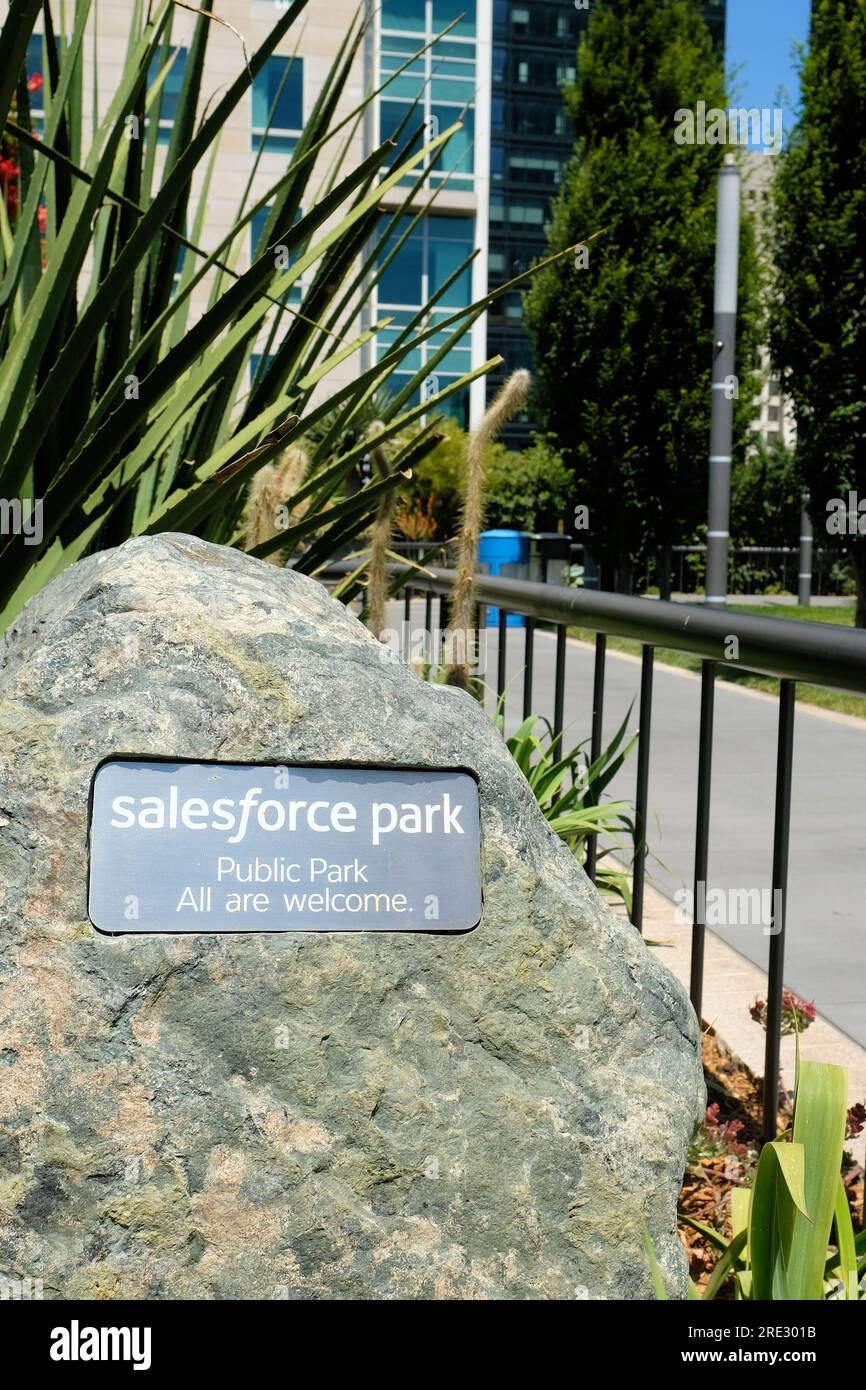 Salesforce Park sign embedded into boulder stating Public Park All Are ...