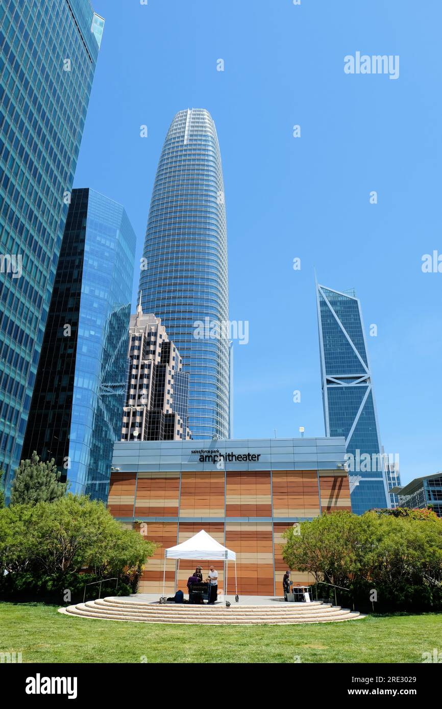 The Salesforce Park Amphitheater surrounded by skyscrapers part of the ...
