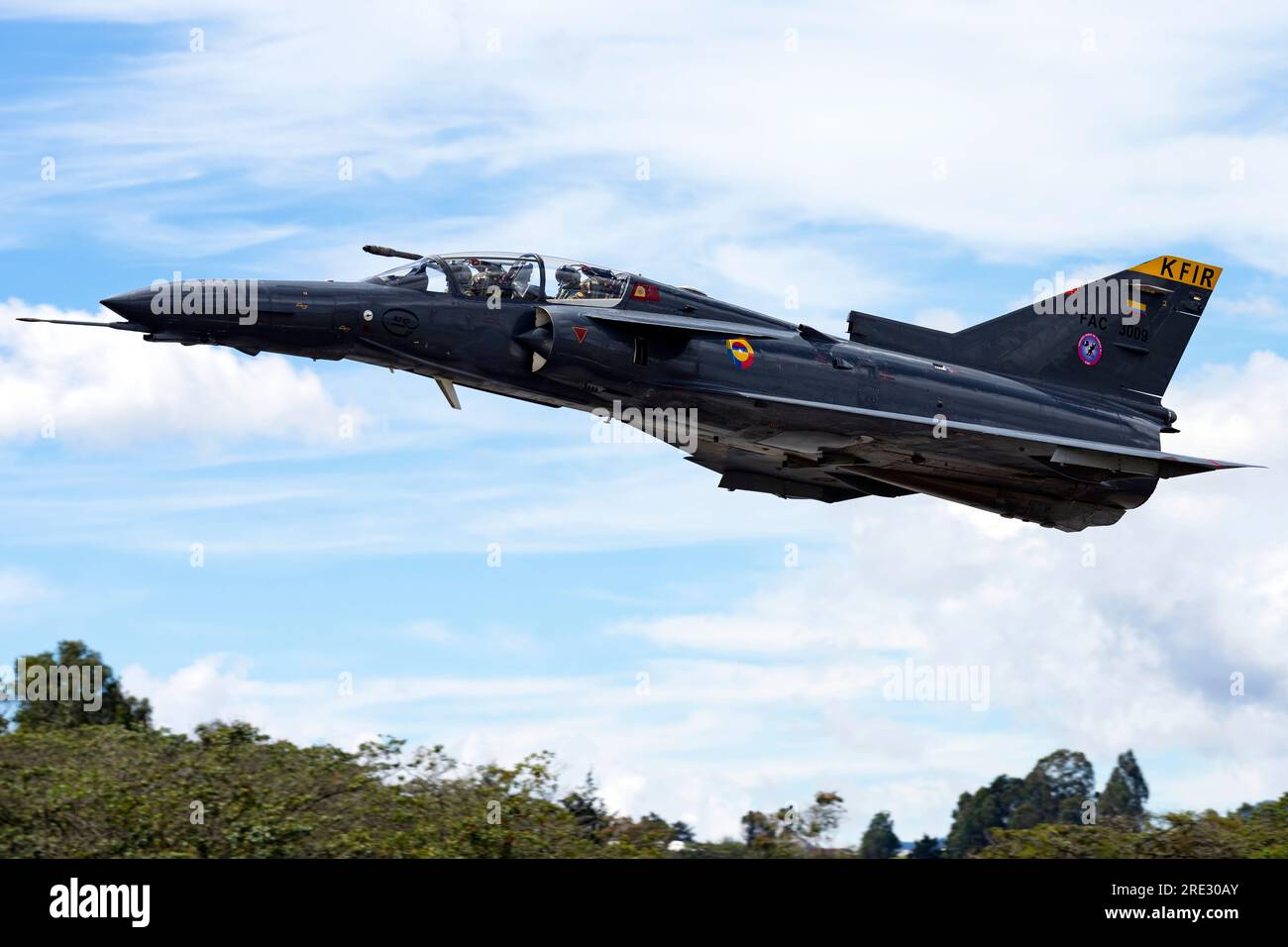 A Colombian Air Force Kfir fighter jet takes off during F-AIR Colombia ...